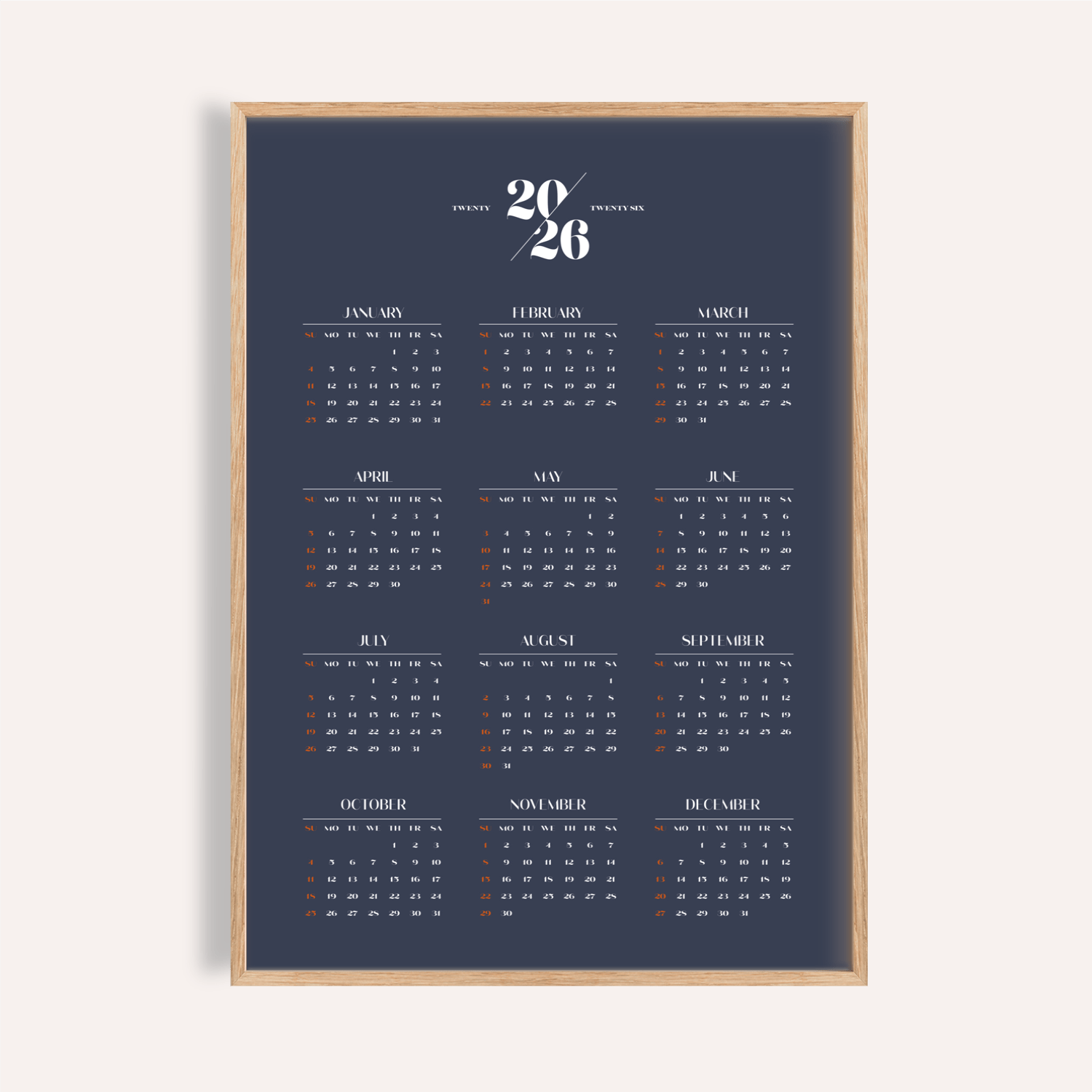 Minimalist Calendar Art Print 2026 in Blue and White