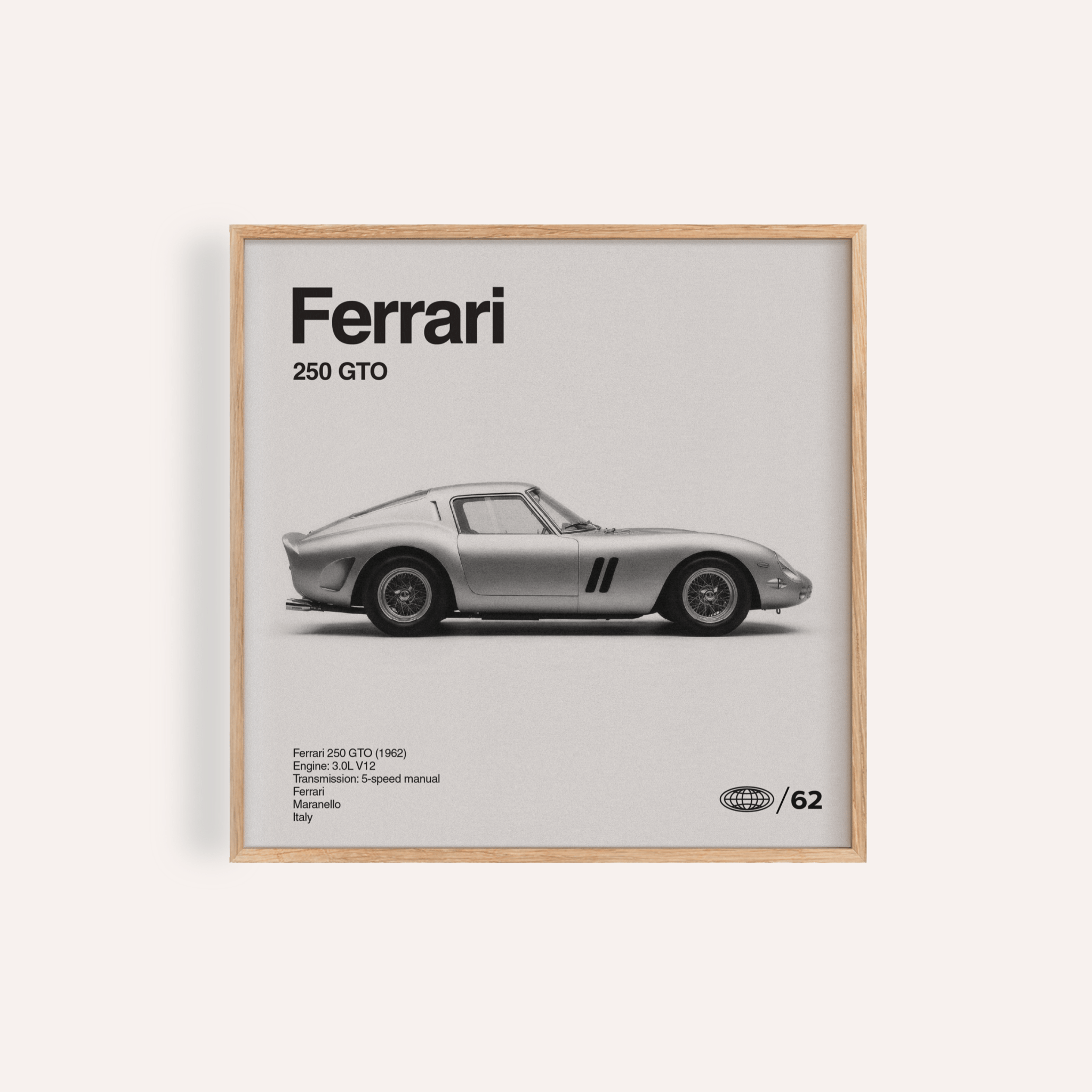 Ferrari Wall Art Black and White Poster 250 GTO
