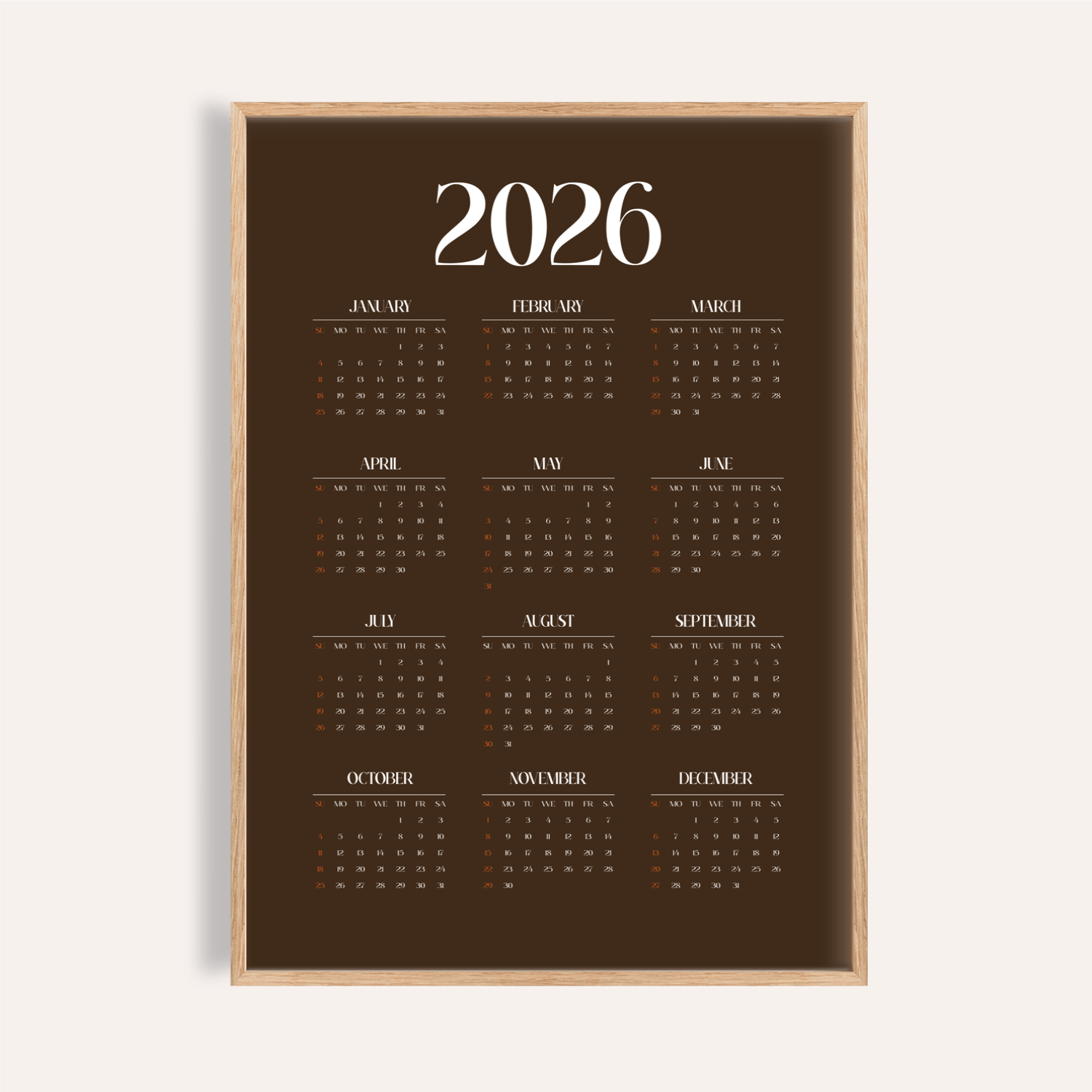 Brown Calendar Print 2026 Modern Wall Art Poster
