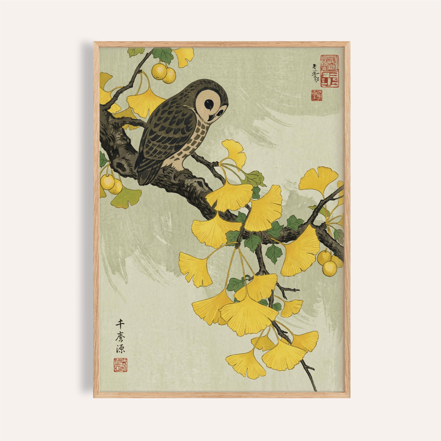 Owl and Ginkgo Print Japanese Wall Art Decor