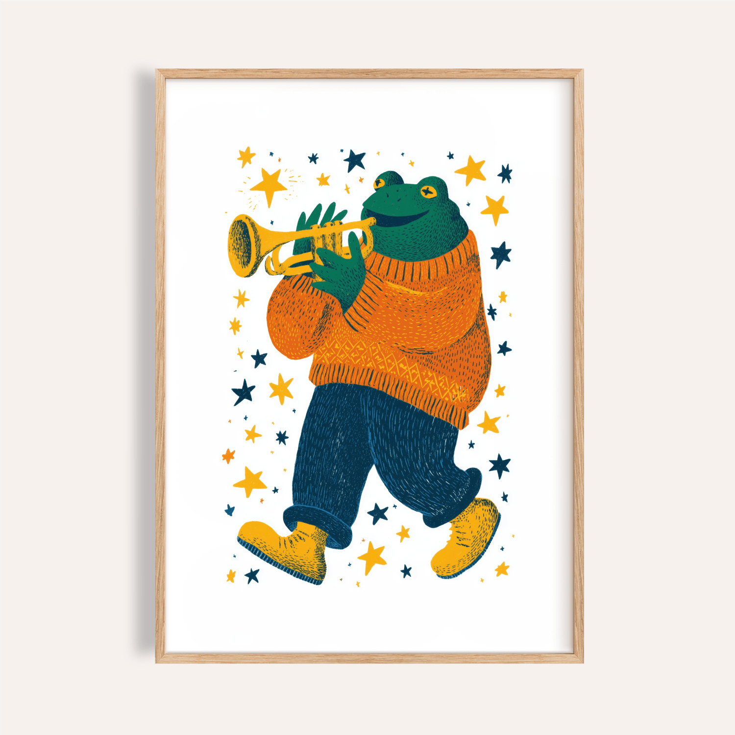 Frog Playing Trumpet Art Multicolored Wall Print